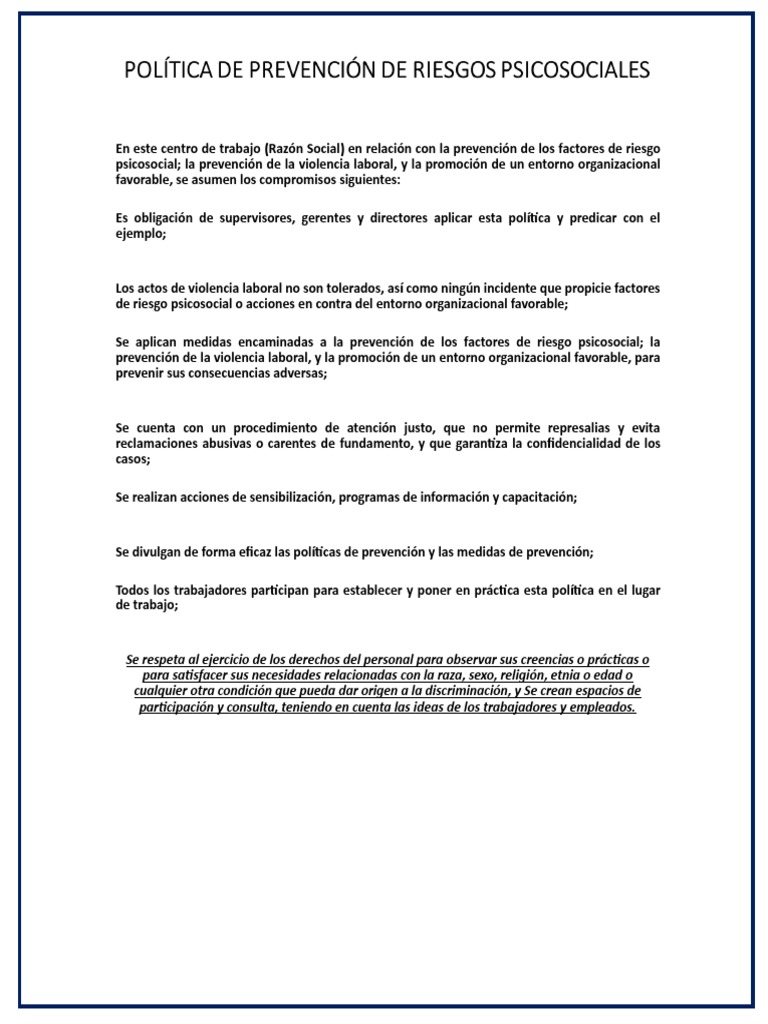 Politica de Prevencion de Riesgo Psicosociales | PDF Politica de Prevencion de Riesgo Psicosociales | PDF