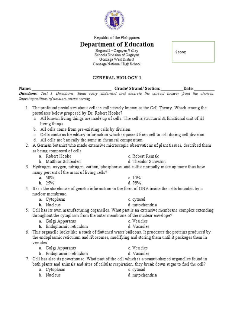 General Biology 1 Final Exam 2nd Quarter | PDF | Cell (Biology) | Magma