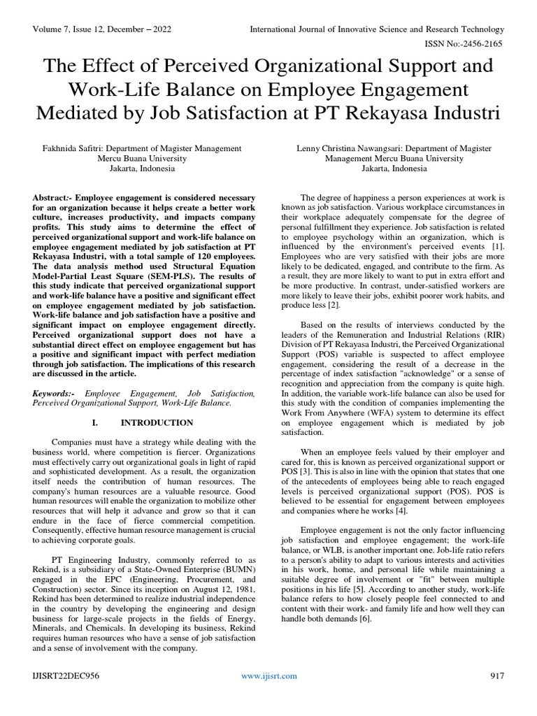 The Effect of Perceived Organizational Support and Work-Life Balance On Employee Engagement ...