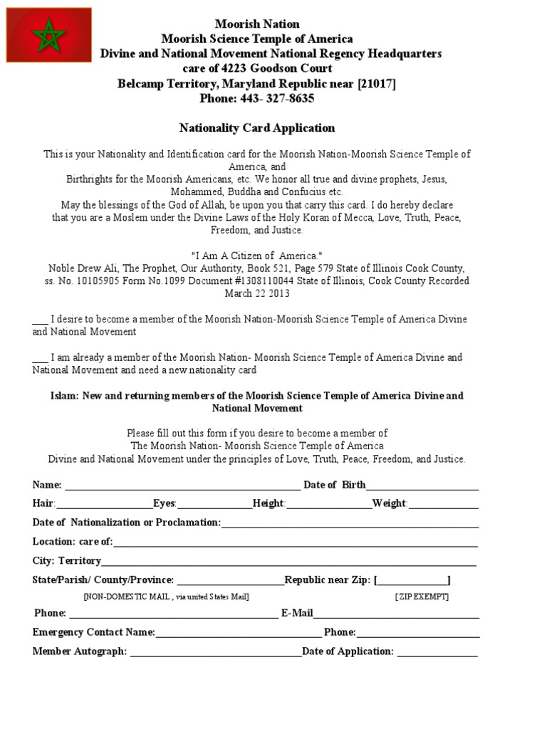 Moorish Nationality Card Application | PDF | Abrahamic Religions ...