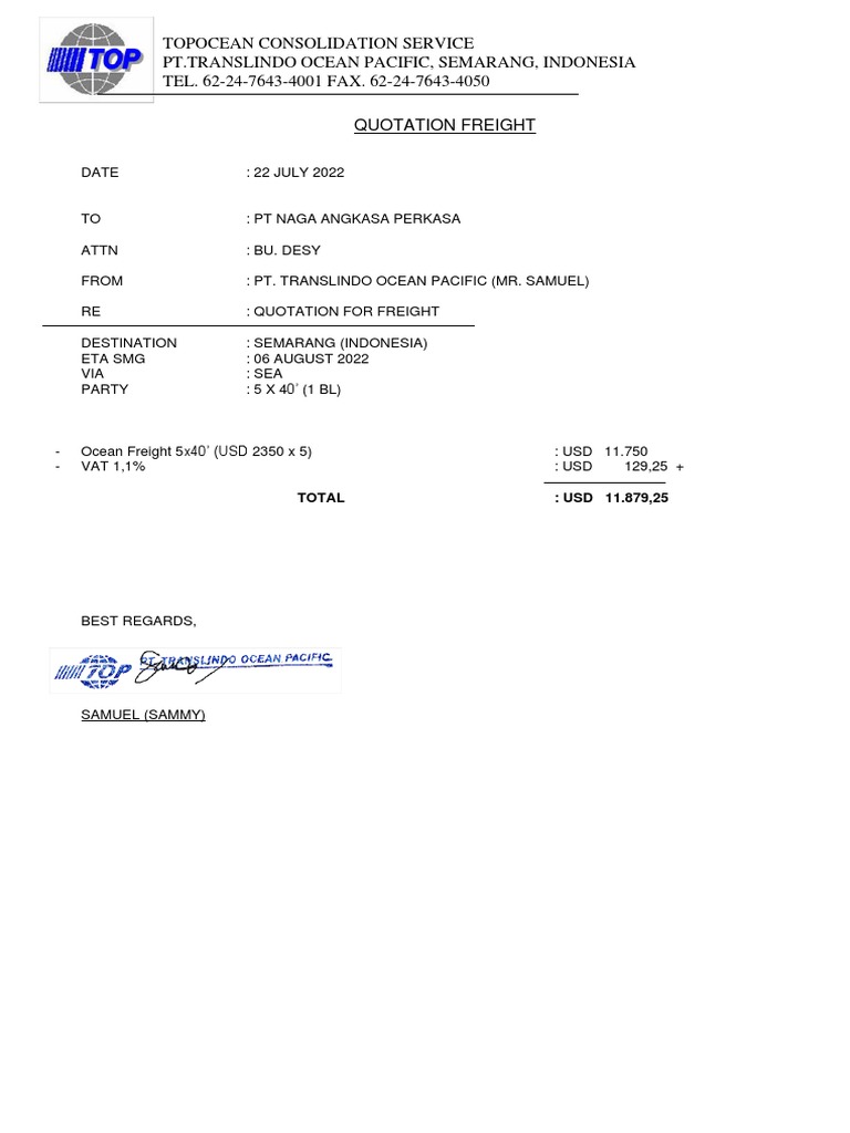 Quotation Freight Xiamen | PDF