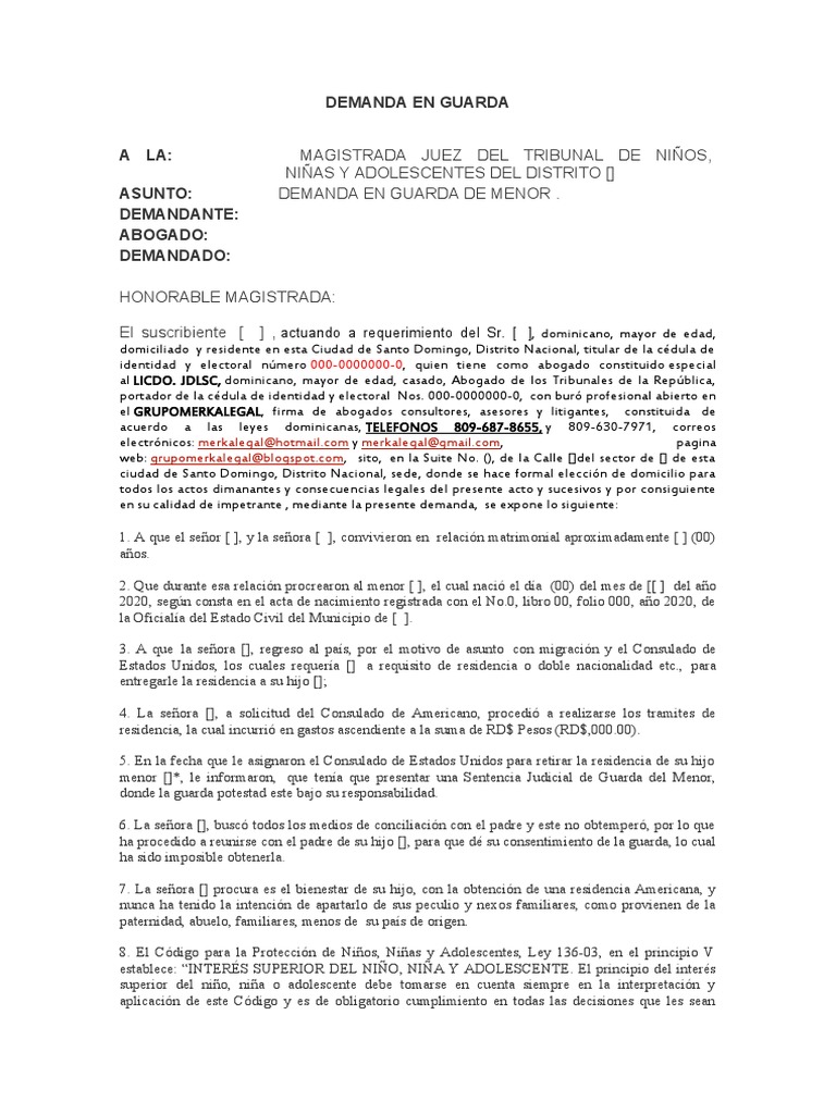 Instancia DEMANDA EN GUARDA | PDF | República Dominicana | Demanda judicial