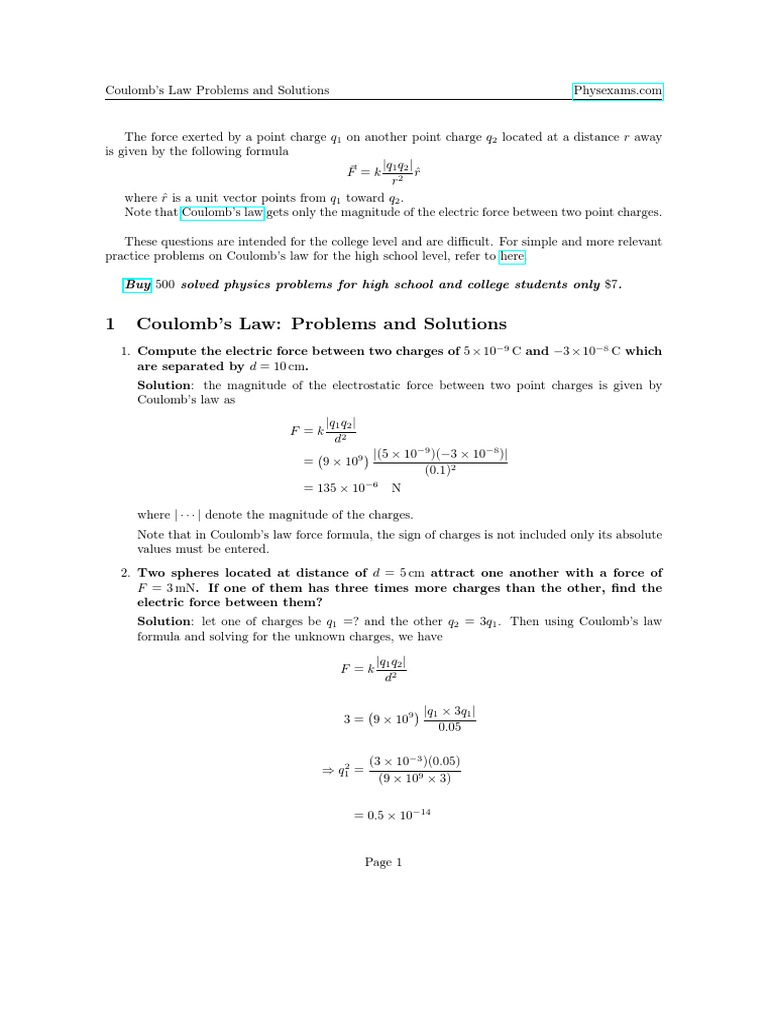 Coulombs Law Problems and Solutions | PDF | Force | Applied And Interdisciplinary Physics