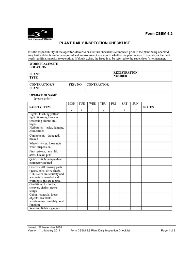 Plant Daily Inspection Checklist Template | PDF | Manufactured Goods ...