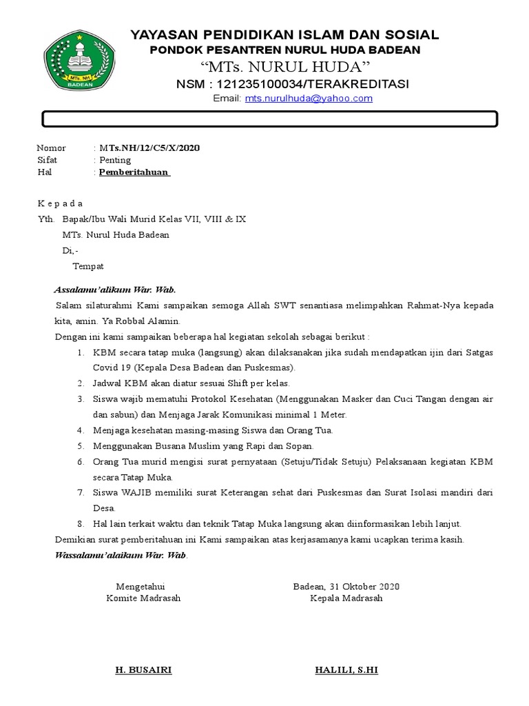 Pemberitahuan KBM Tatap Muka MTs Nurul Huda | PDF