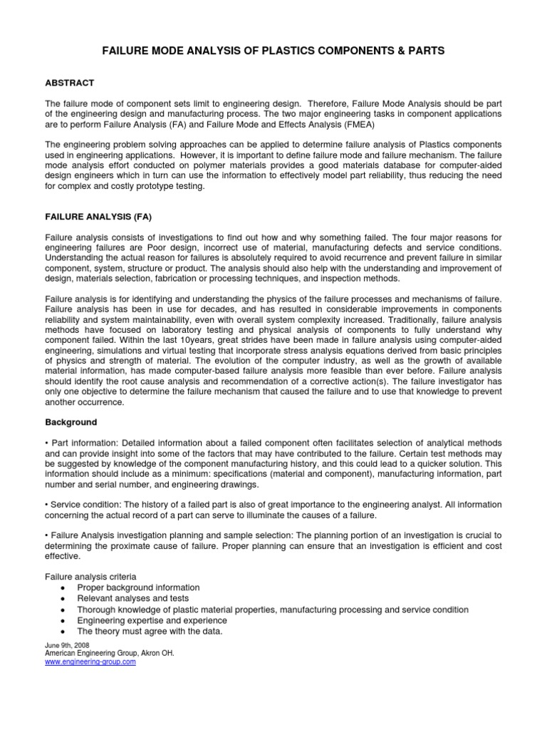 Failure Mode Analysis of Plastics Components & Parts: June 9th, 2008 ...