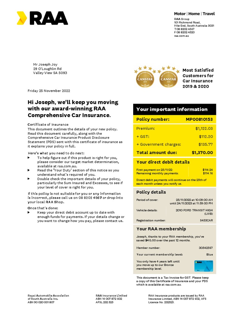 RAA Comprehensive Car Insurance Details | PDF | Insurance | Vehicle ...