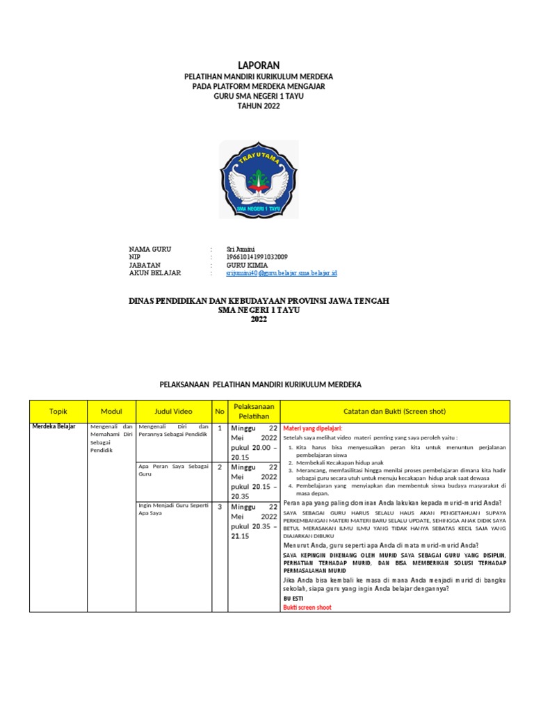 Laporan Hasil Pelatihan Mandiri Merdeka Mengajar Sri Jumini | PDF
