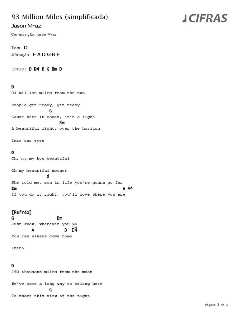 93 Million Miles (Simplificada) - Jason Mraz - CIFRAS | PDF
