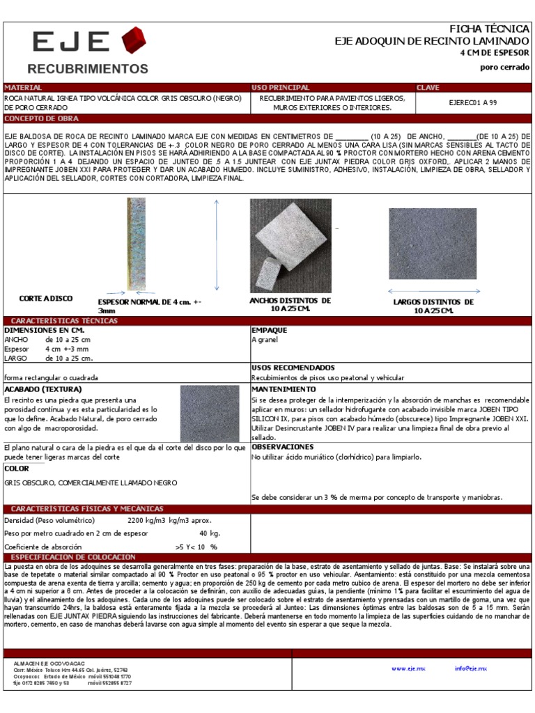 ADOQUIN DE RECINTO LAMINADO Ficha Tecnica | PDF | Loseta | Materiales
