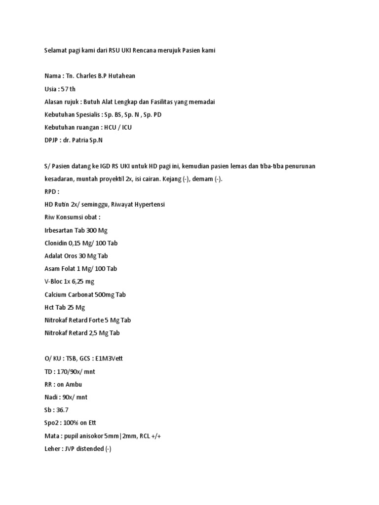 Selamat Pagi Kami Dari RSU UKI Rencana Merujuk Pasien Kami TN Charles BP Hutahean | PDF