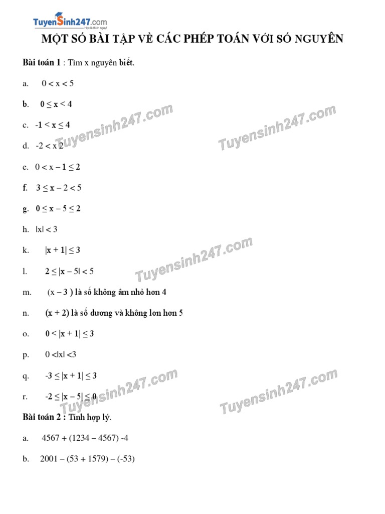 Mot So Bai Tap Ve Cac Phep Toan Voi So Nguyen | PDF