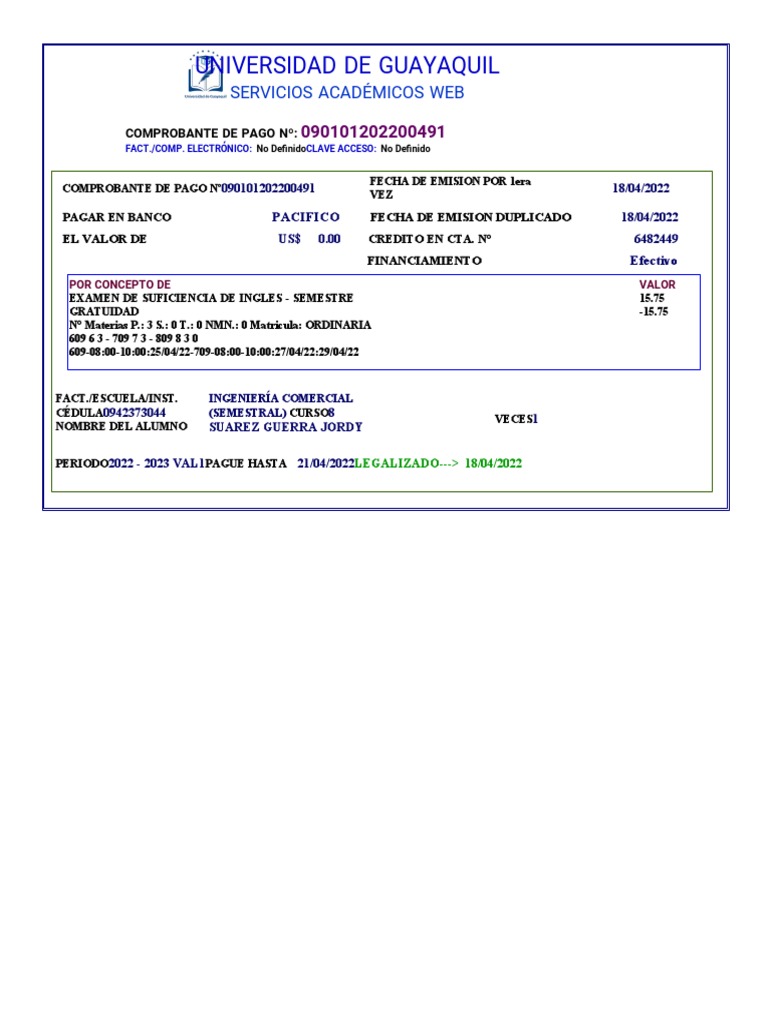 Universidad de Guayaquil - SIUG - Estudiante - Consultas - Orden Pago | PDF