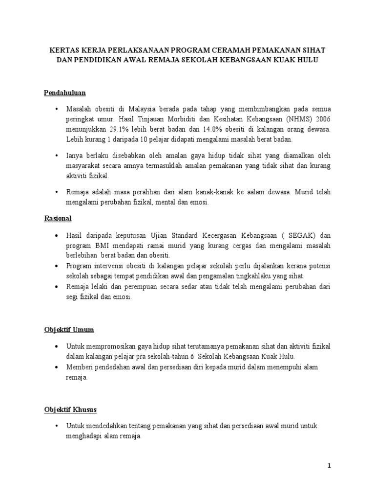 Kertas - Kerja - Perlaksanaan - Program Pemakanan Sihat SKKH | PDF