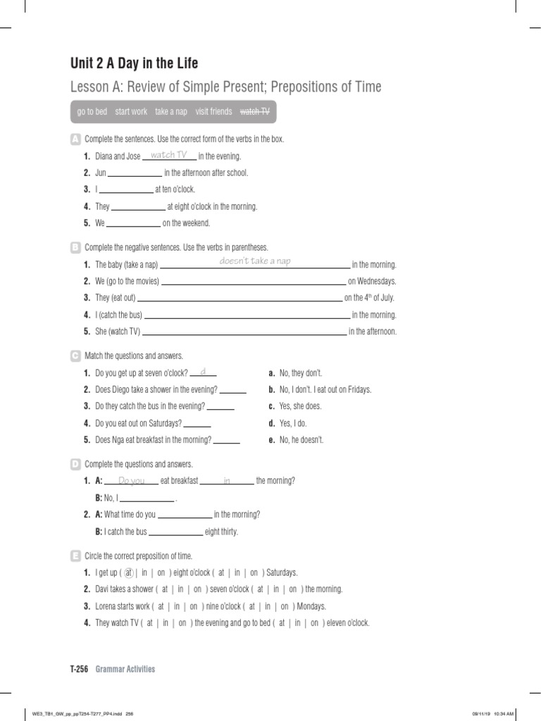 A Day in the Life: Reviewing Simple Present Tense and Prepositions of Time Through Grammar ...