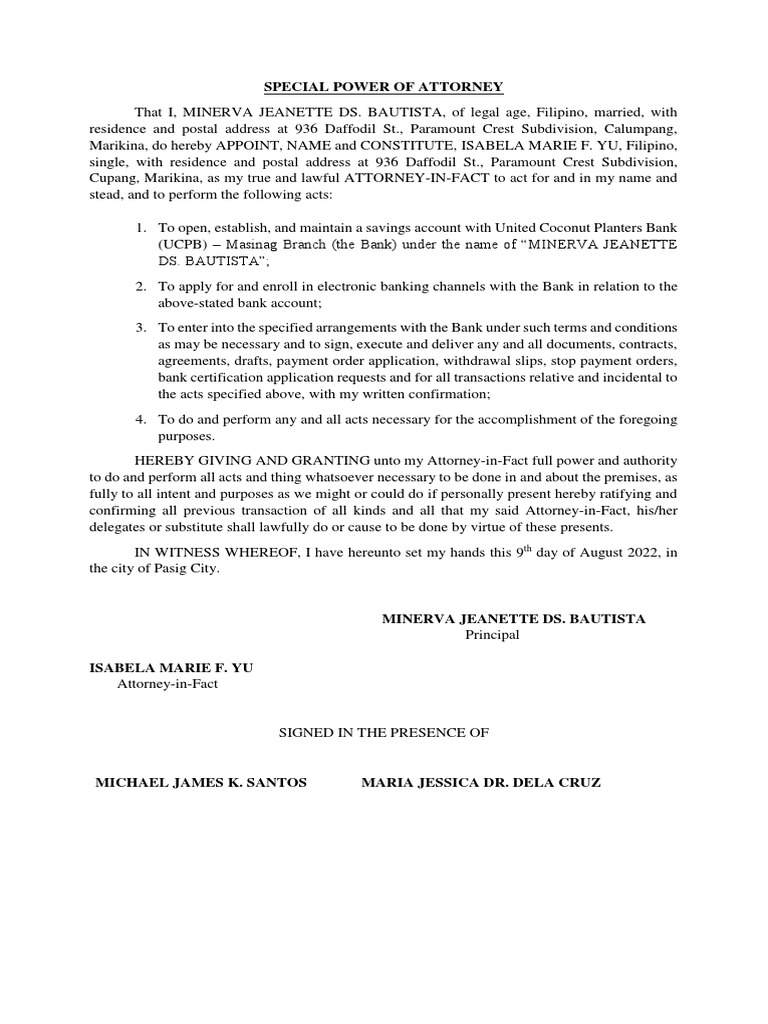 Special Power of Attorney for Banking | PDF | Power Of Attorney ...