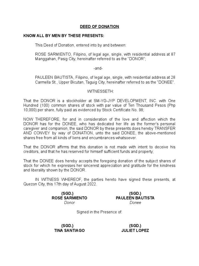 Contract - Deed of Donation Shares | PDF | Common Law | Civil Law (Common Law)