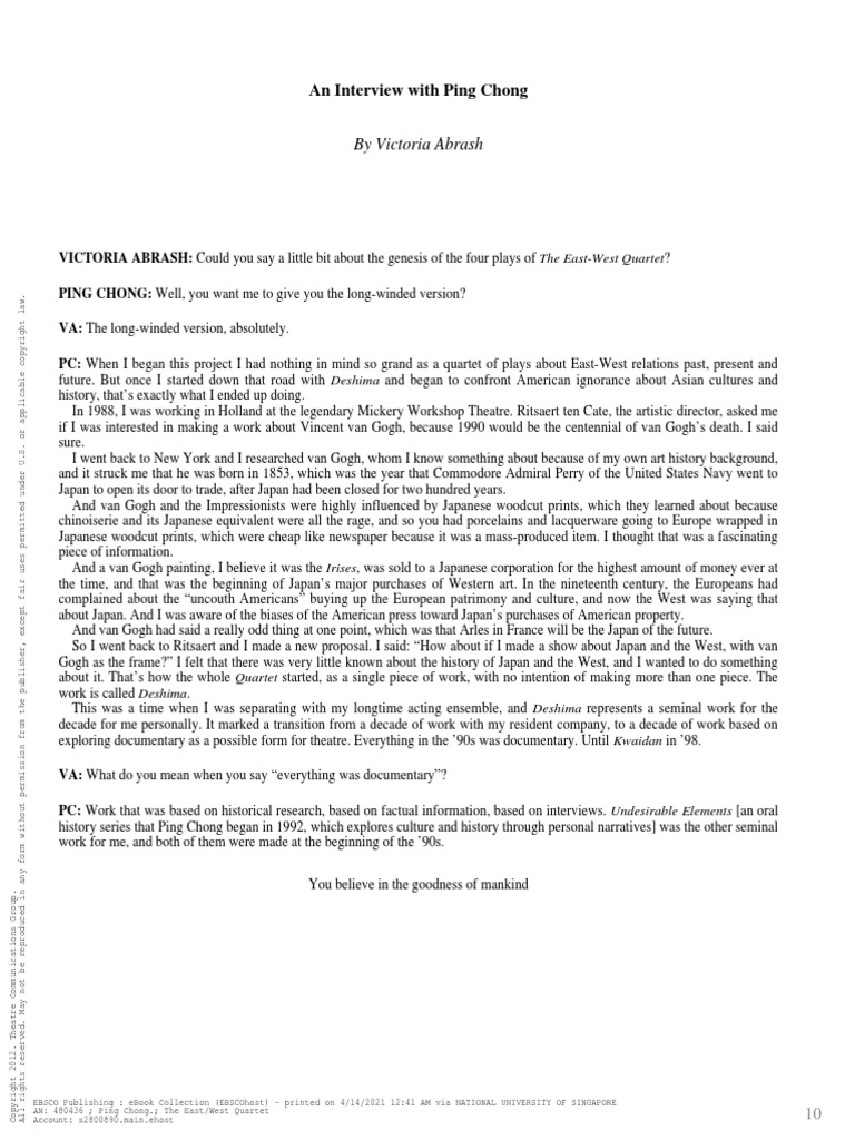 Abrash, An Interview With Ping Chong | PDF | Rituals | Korea