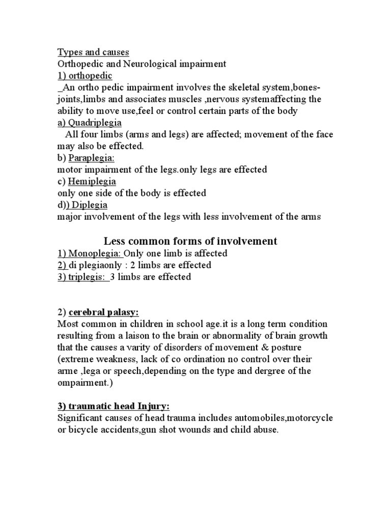 Types and causes of orthopedic and neurological impairments | PDF