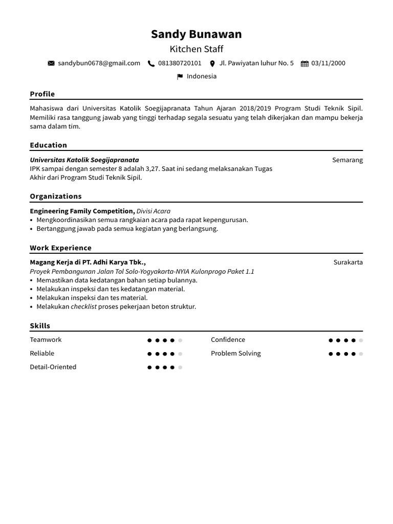 CV Lamaran Kerja Sandy Bunawan Untuk Posisi Kitchen Staff Kayo Melati | PDF