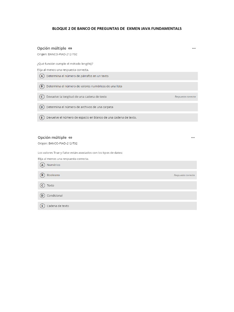 Bloque 2 de Banco de Preguntas de Exmen Java Fundamentals | PDF