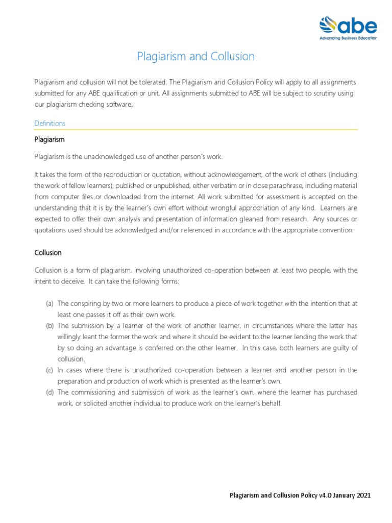 Plagiarism and Collusion Policy Overview | PDF | Turnitin | Plagiarism