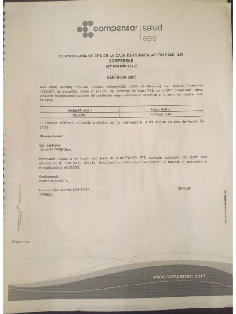 Certificado Compensar - Fabián Fernández | PDF