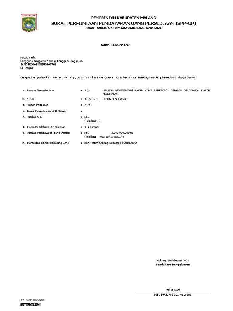 Surat Pengantar Untuk SPP Up | PDF