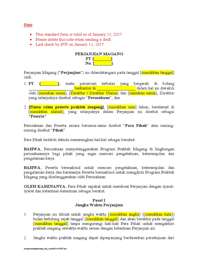 Perjanjian Magang PT [Nama] | PDF