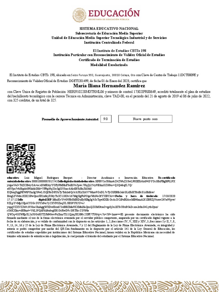 Certificado Bachillerato Técnico CBTIs 198 | PDF