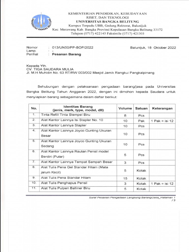 Surat PEsanan CV. Tiga Saudara Mulia | PDF