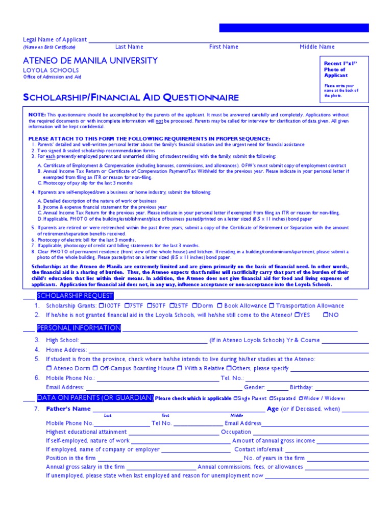 Scholarship Financial Aid Questionnaire Set SY1213 | PDF | Student ...