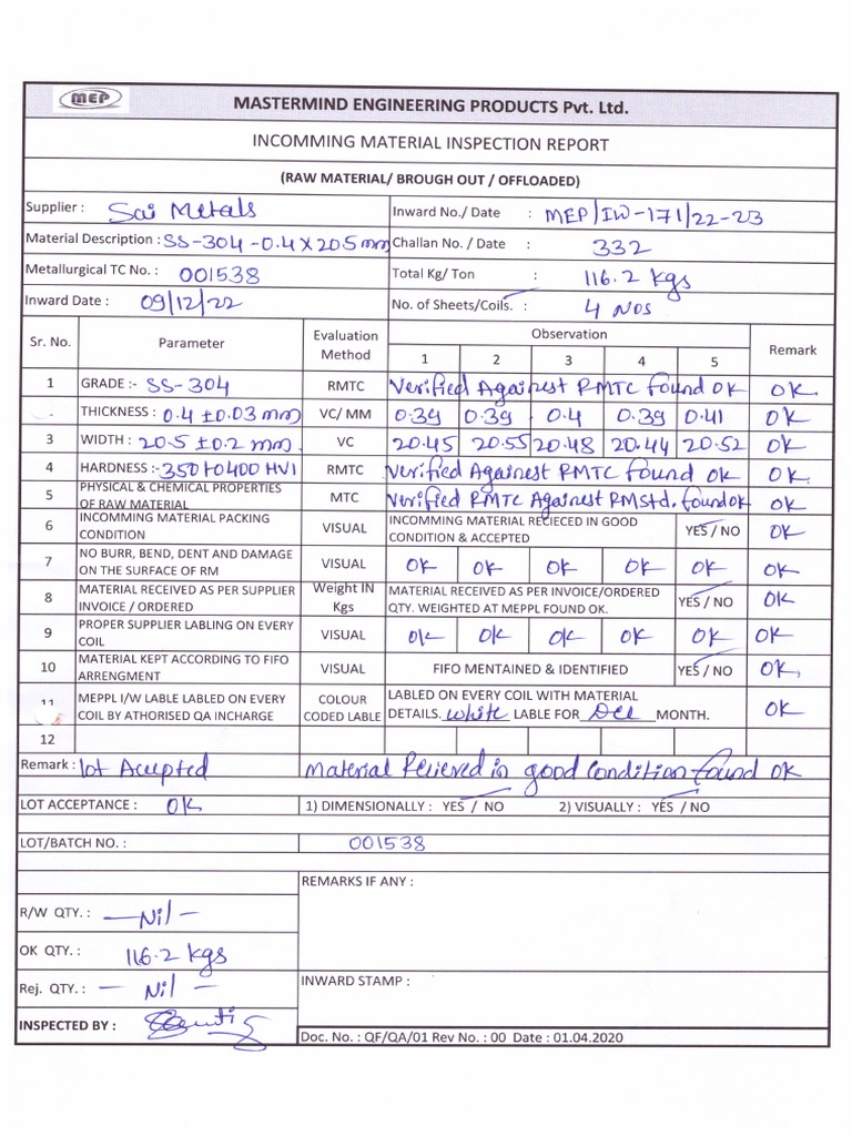 Incoming Material Inspection Report | PDF