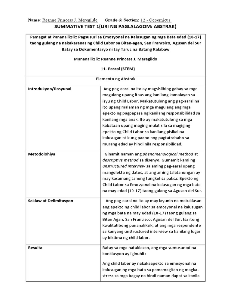Unang Kwarter Summative Test | PDF