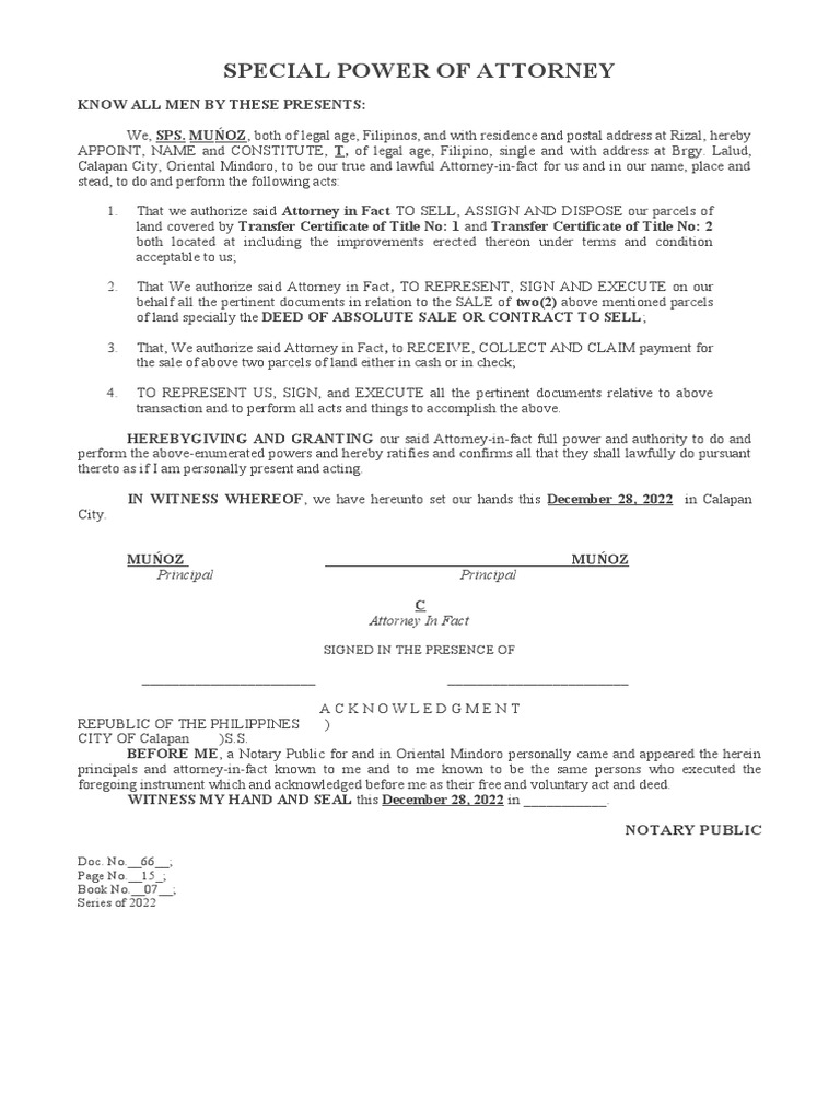 Scpecial Power of Attorney - Munoz | PDF | Power Of Attorney | Notary ...