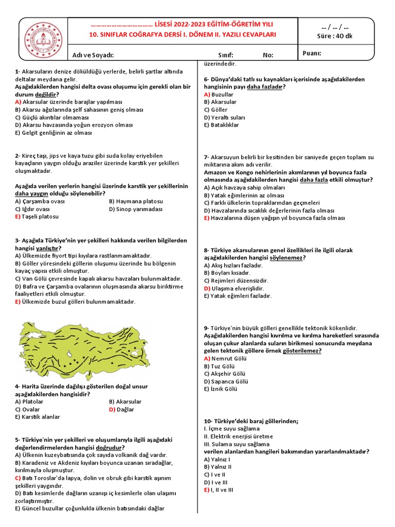 10 Sinif 1 Donem 2 Yazili Cevap Anahtarı 2023 | PDF