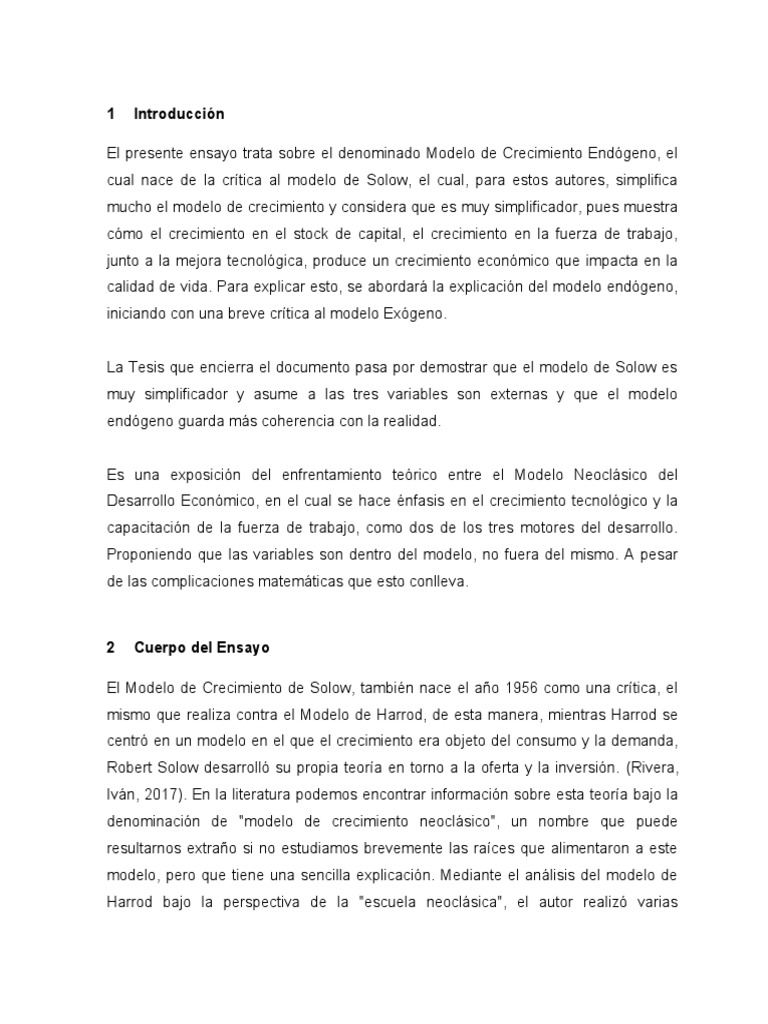 Ensayo Modelo Endógeno | PDF | Crecimiento económico | Capital (economía)