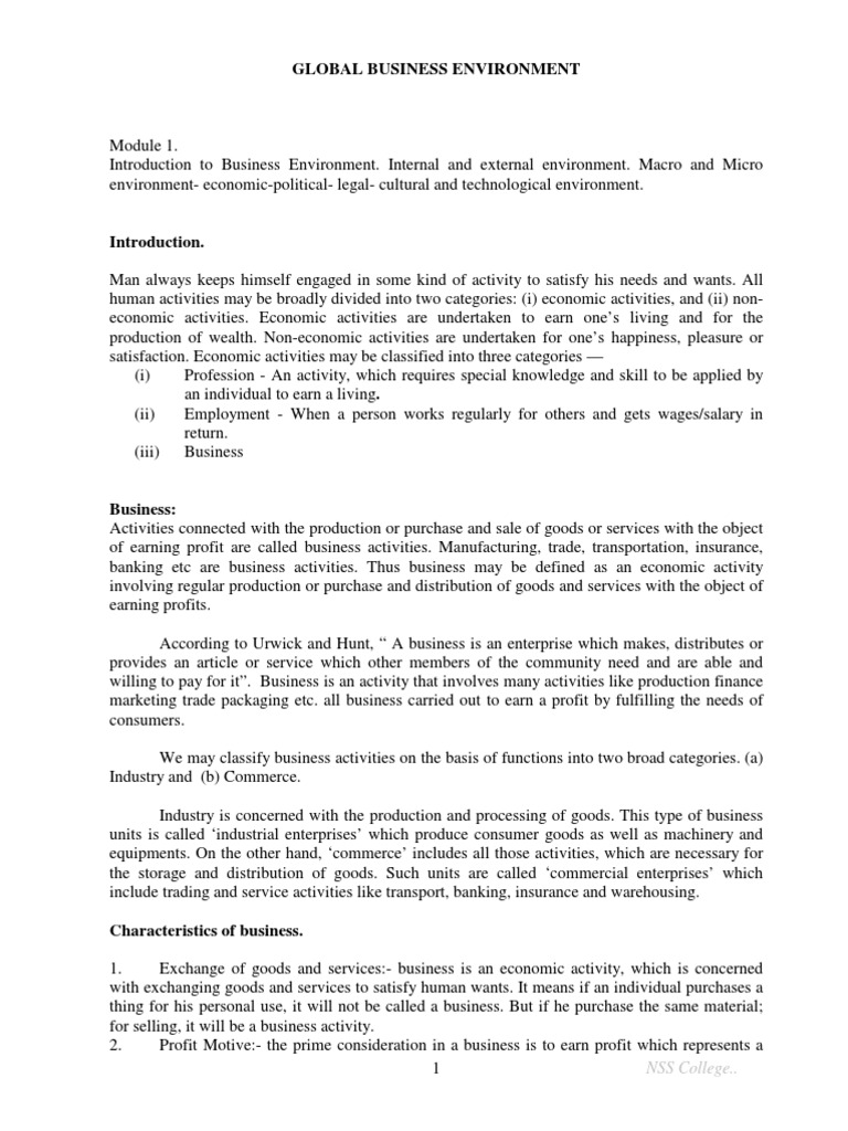 Global Business Environment: NSS College. | PDF | Business | Marketing