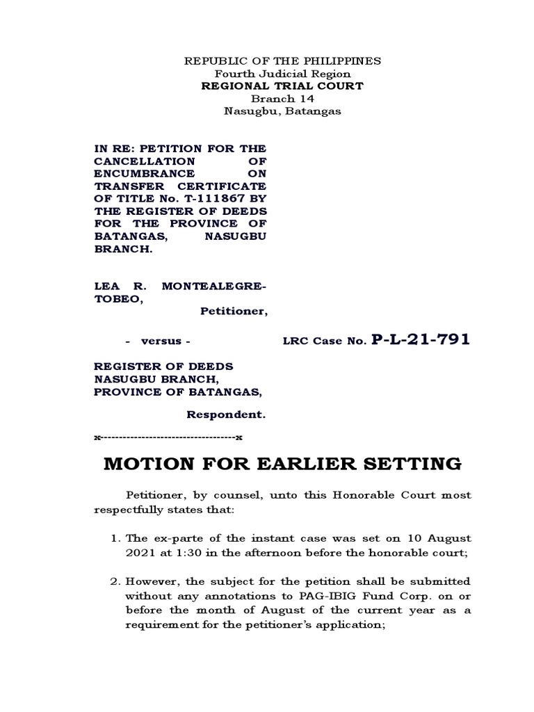 DLO (PTB) - Motion For Early Setting - Lea M. Tobeo | PDF | Courts ...