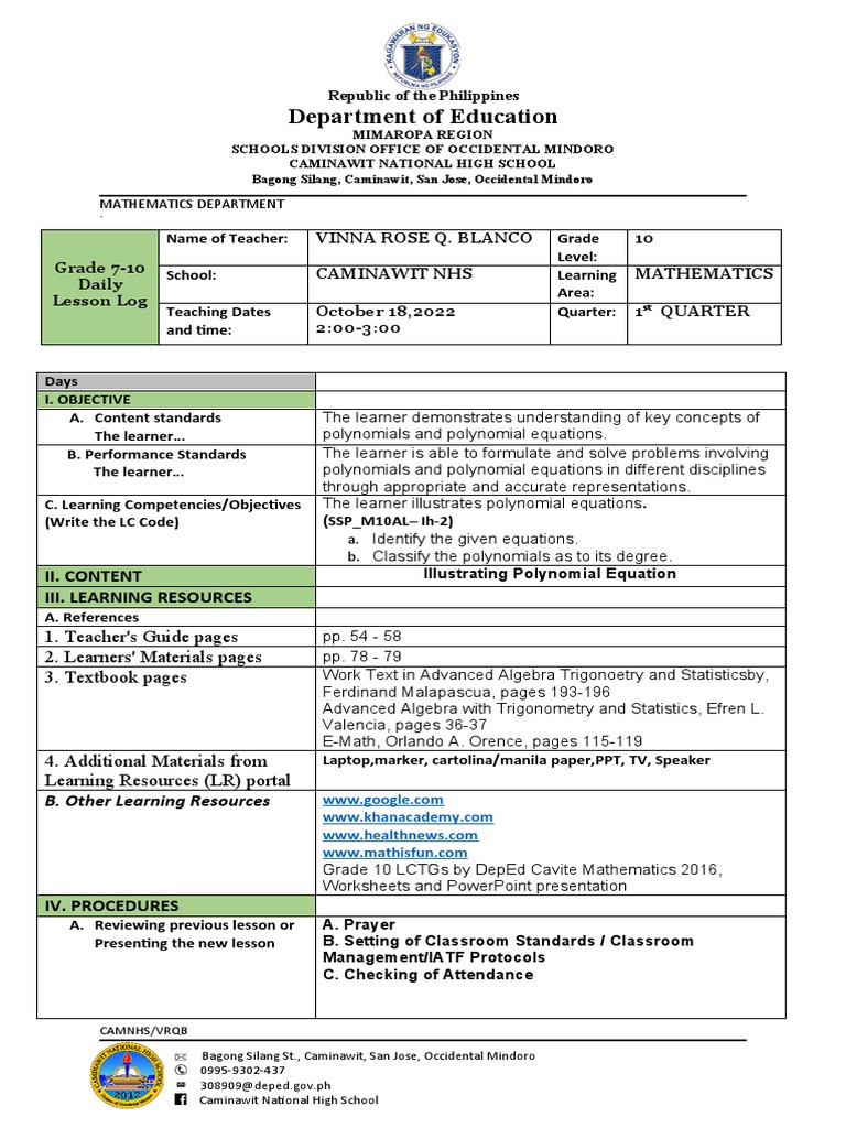 MATH 10 - Illustrating Polynomials | PDF | Polynomial | Equations
