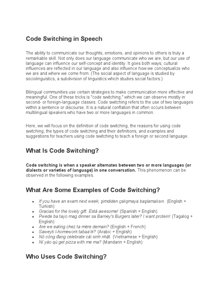 Code Switching in Speech | PDF | Multilingualism | English Language