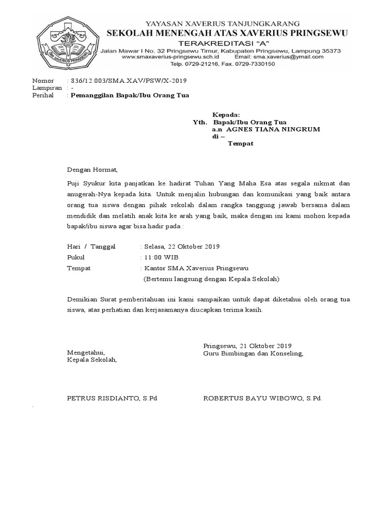 Surat Panggilan Ortu | PDF