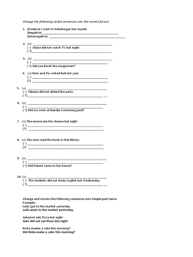 Change The Following Verbal Sentences Into The Correct Forms - Past ...