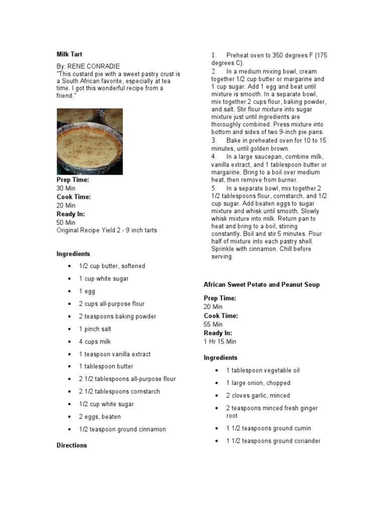 Milk Tart | PDF | Teaspoon | Foods