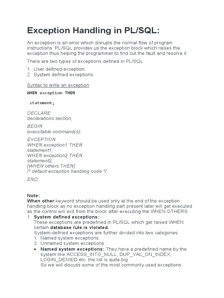 Exception Handling in PL | PDF | Pl/Sql | Systems Engineering