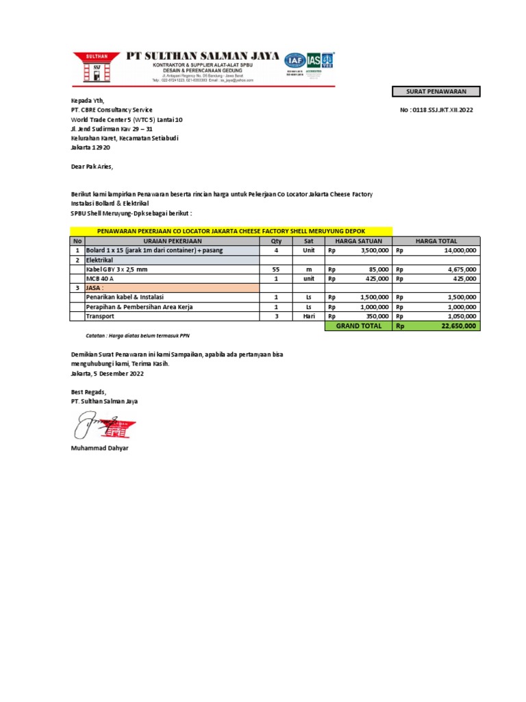 Surat Penawaran Beserta Rincian Harga Untuk Pekerjaan Co Locator ...