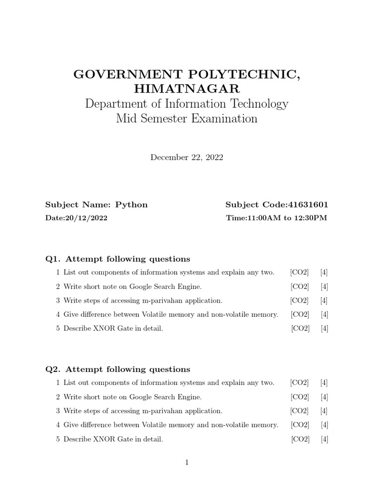 Mid Semester Exam: Python Components & Memory | PDF