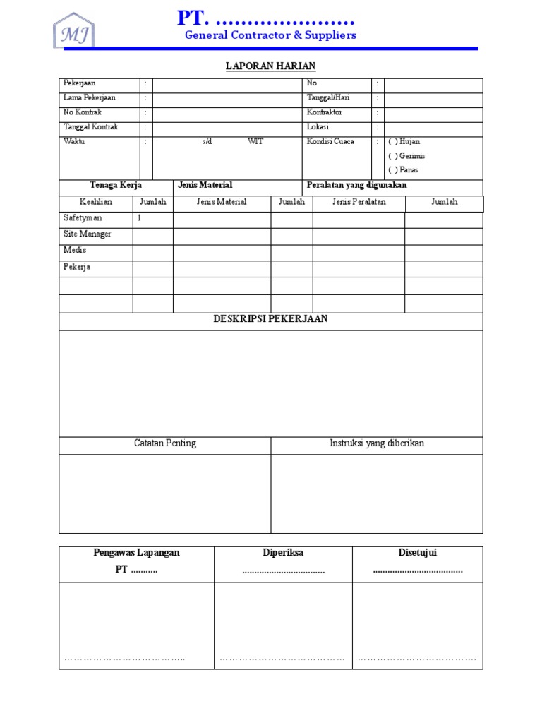 Form Laporan Harian MJ | PDF