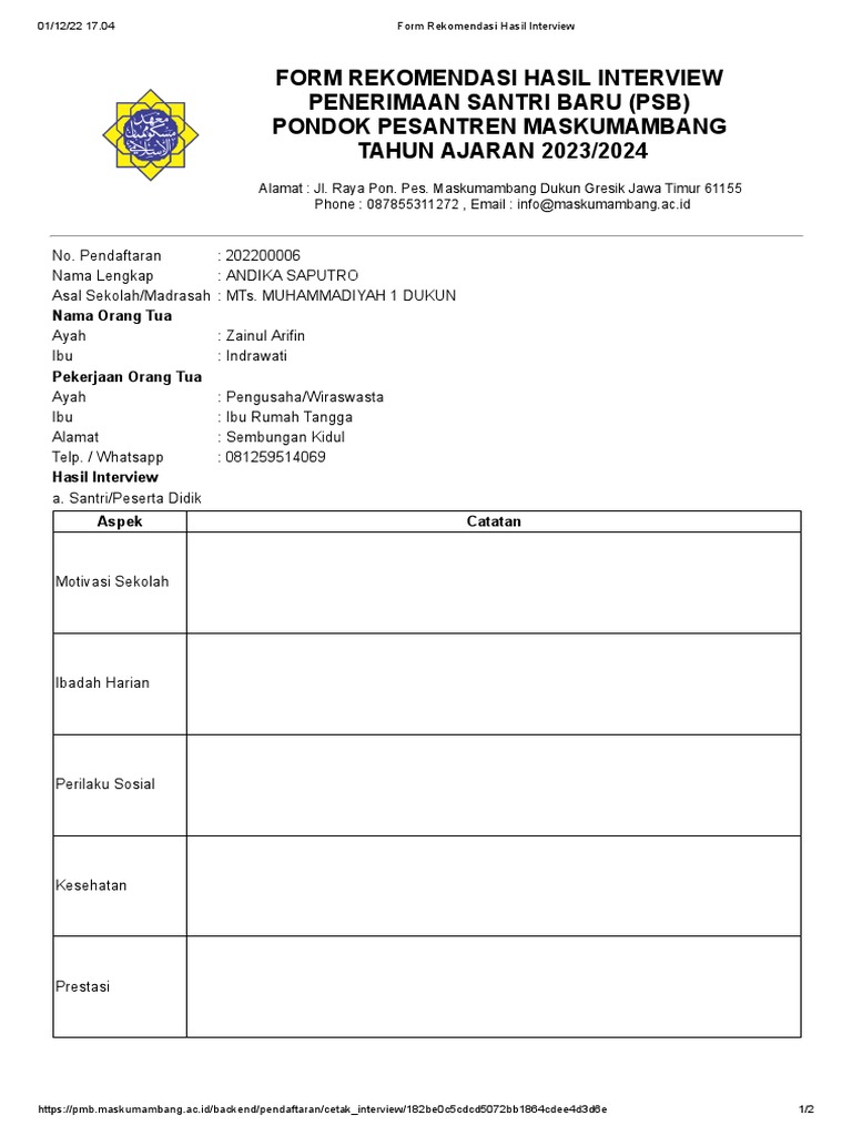 Form Rekomendasi Hasil Interview | PDF