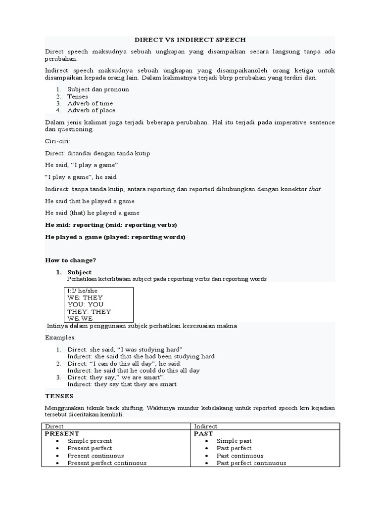 Direct VS Indirect Speech | PDF | Question | Grammatical Tense